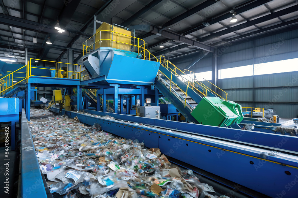 A conveyor belt full of garbage in a factory. Plant for the processing ...