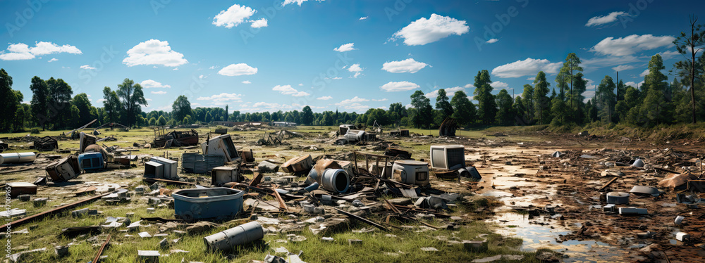 panoramic view of a field full of trash, messy pile of garbage on a ...