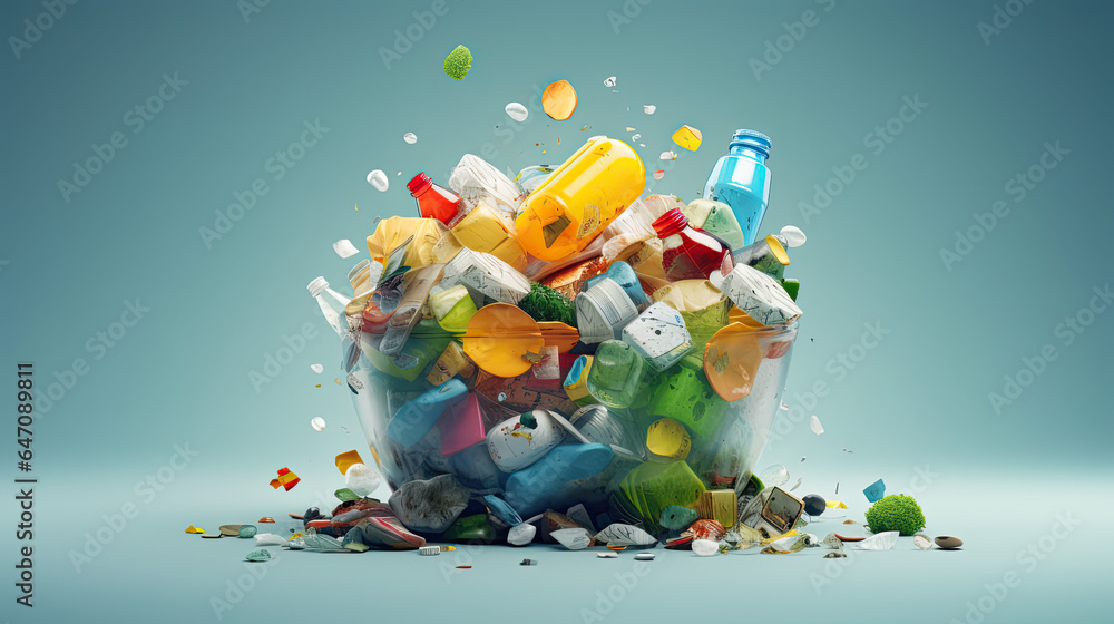 pile of colorful plastic waste spilling out of a container, transparent ...