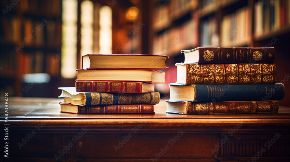 Stack of Books on table in library environment - ai generative Stock ...