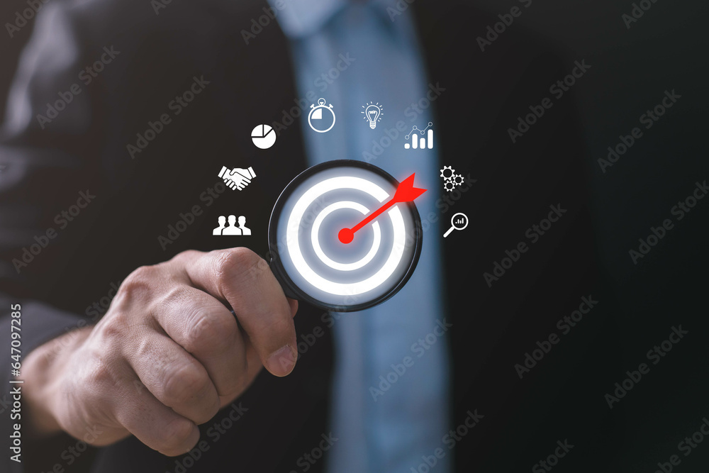 Magnifier glass focus to target objective with idea creative light bulb ...