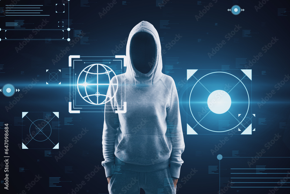 Hacker with creative hacking interface on dark background. Code window high tech UI and spyware ...