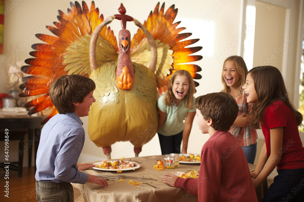 cheerful group of kids playing a game of "pin the tail on the turkey ...