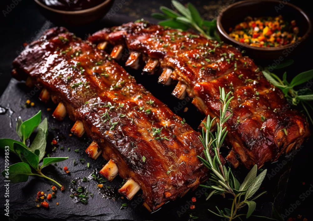 Foto de Spare ribs with barbeque marinade and rosemary on table.Macro ...