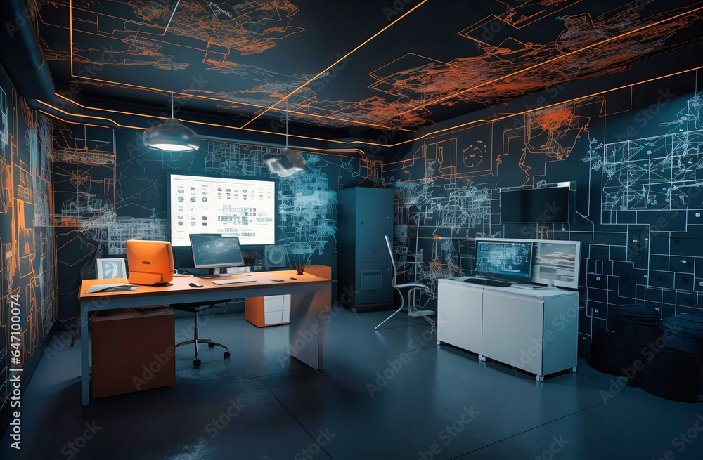 Cutting-Edge Technology: Wall-Mounted Computer Amidst Complex Wiring ...