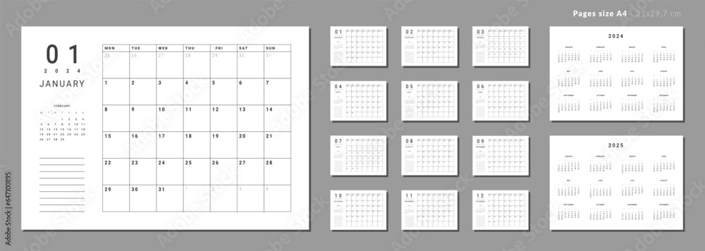 Set of Monthly pages Calendar Planner Templates 2024-2025 with note for ...