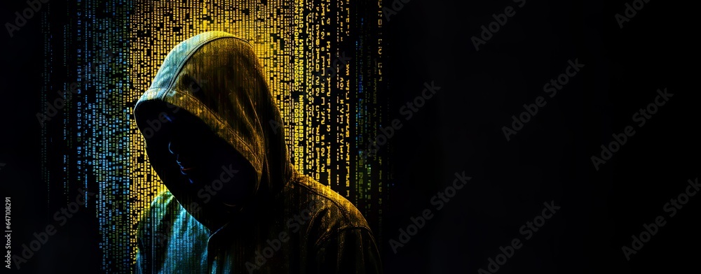 Coder in a hoodie, face unrecognizable. Hacker, computer security ...