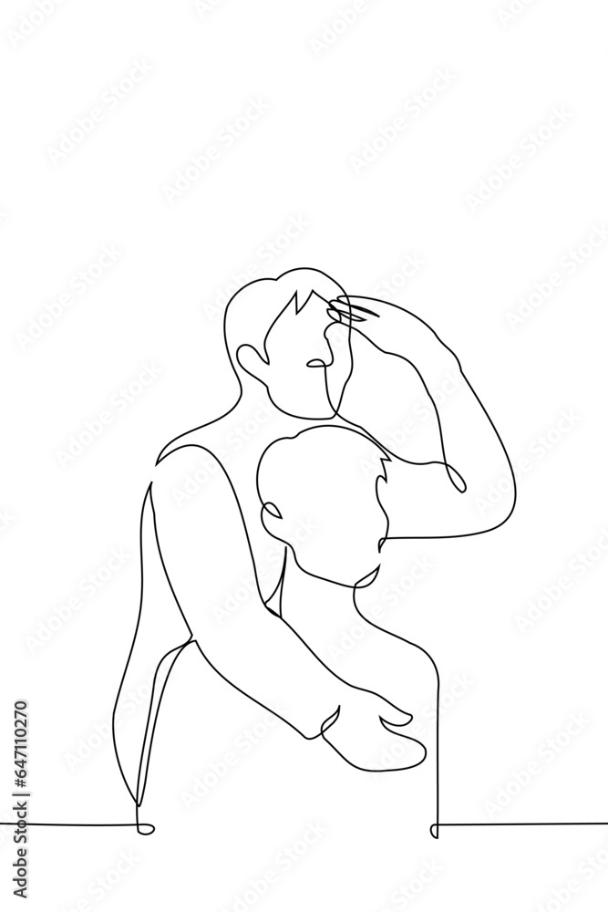piggyback men, one of them looks into the distance covering his eyes ...