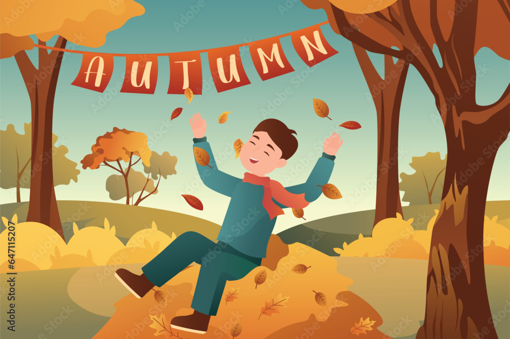 Happy children autumn background in a cartoon style. A little boy is ...
