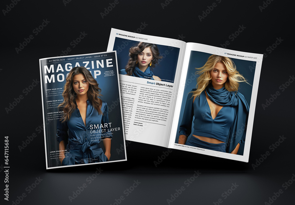 Magazine Cover and Open Magazine Mockup Floating on Dark Background ...