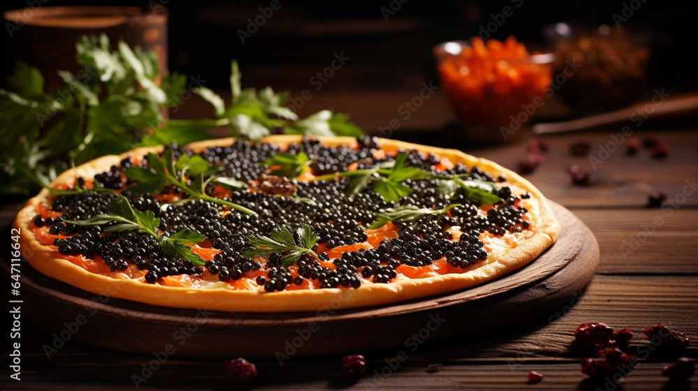 A luxurious Russian black caviar pizza featuring a thin, golden crust ...