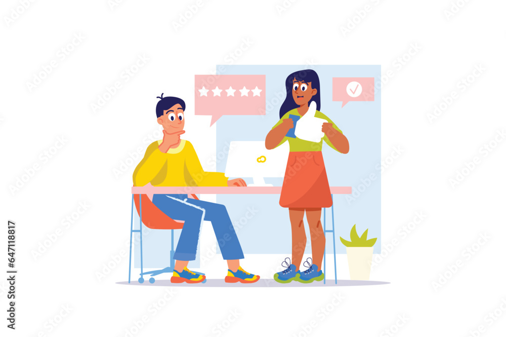 Feedback concept with people scene in the flat cartoon style. A woman ...