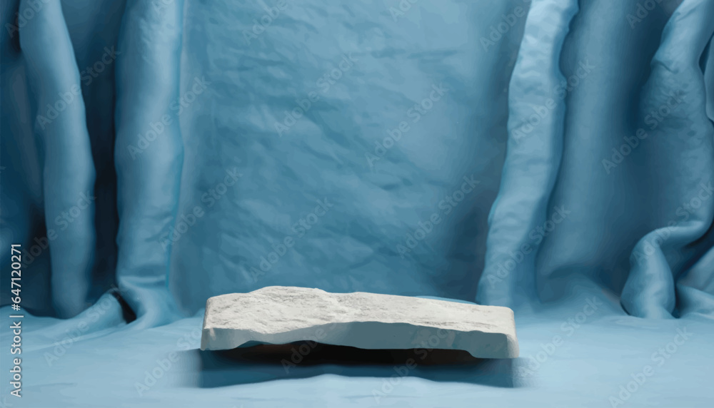 Broken stone podium decorated on light blue fabric texture luxurious ...