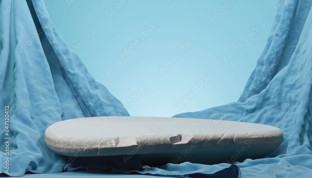 Broken stone podium decorated on light blue fabric texture luxurious ...