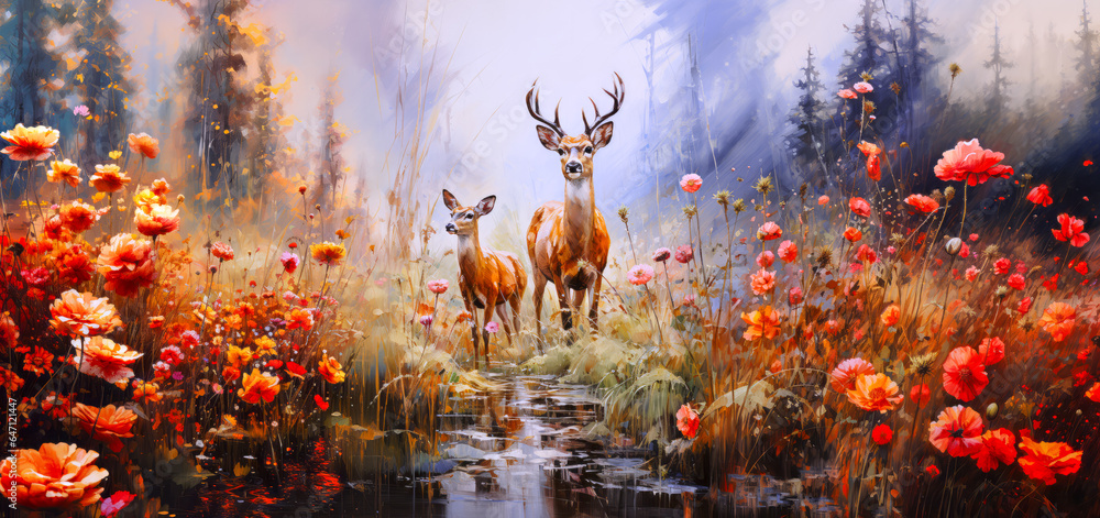 Deer in a field, red deer cow and deer as an oil painting, landscape ...