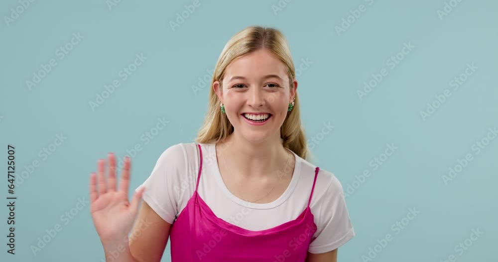 Hand, hello and face of happy woman in studio wave, calling and excited ...