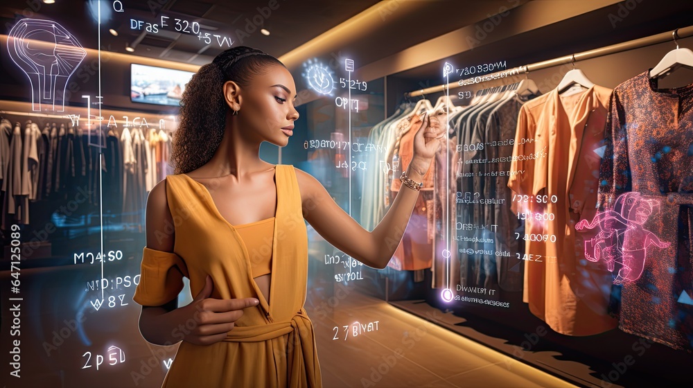 Model engaging with a virtual shopping experience, selecting digital ...