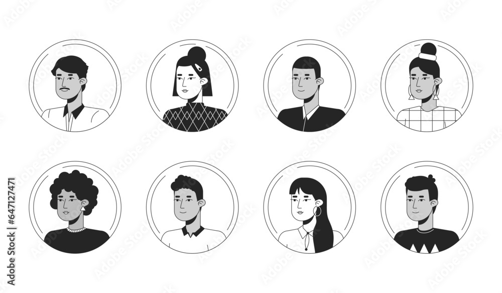 Multinational people black white cartoon avatar icons set. Young faces ...