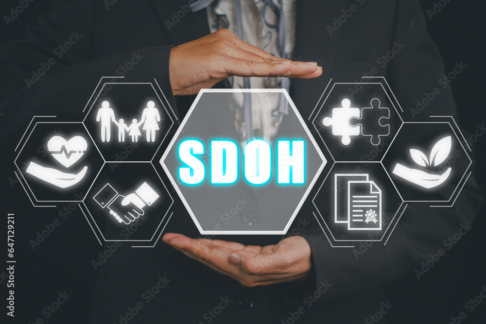 SDOH, Social Determinants Of Health concept, Businesswoman hand holding ...
