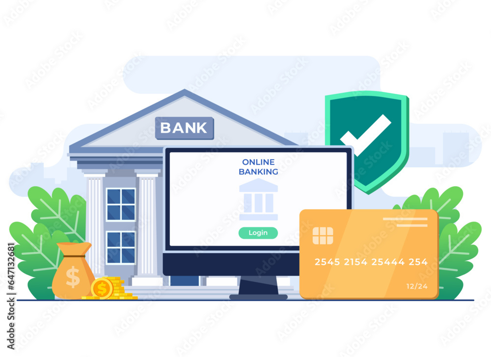 Log into online bank account with computer flat illustration, Online ...