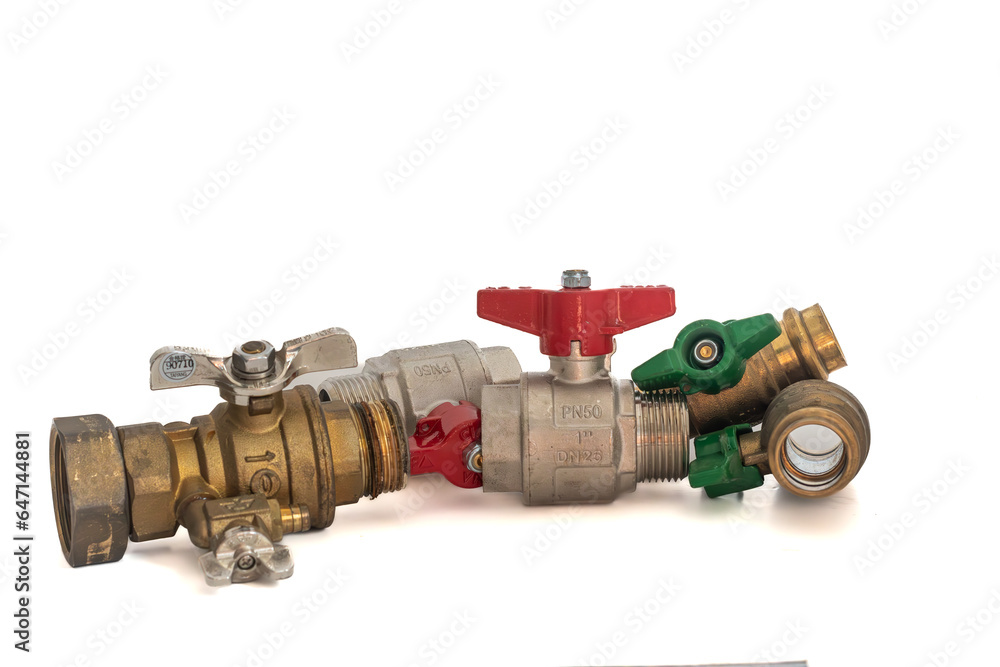 Water valves with fittings on white background,Plumbing fitting and ...