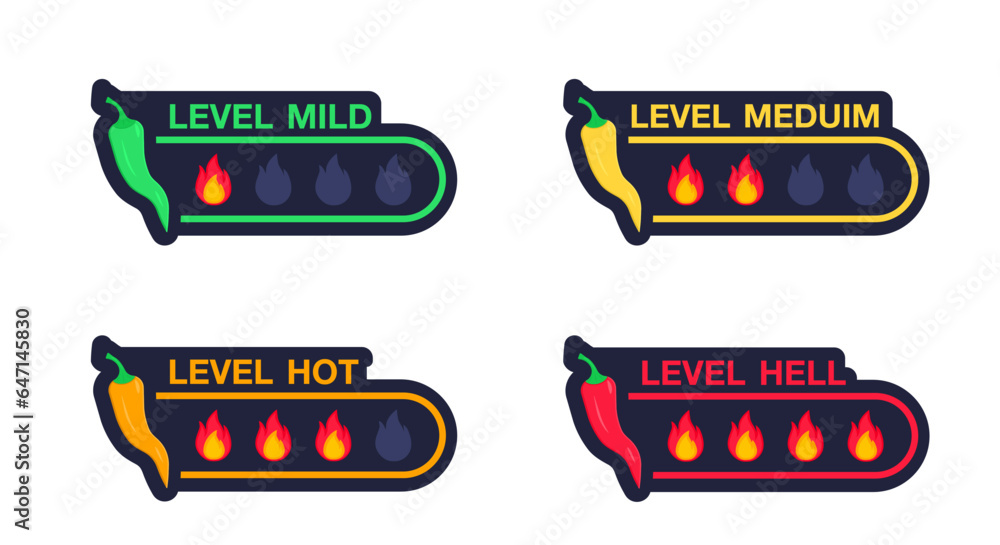 Chili pepper spicy food level icon collection, mild, medium hot and ...