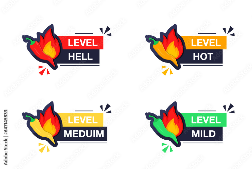 Chili pepper spicy level icon set. Hot pepper strength scale indicator ...