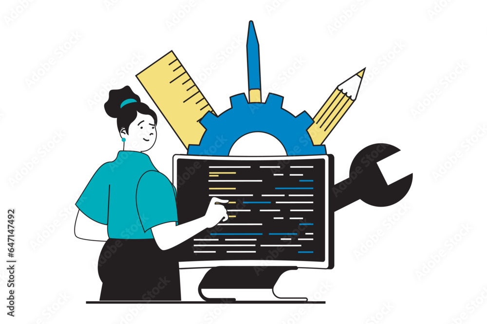 Web development concept with people scene in flat design. Woman ...