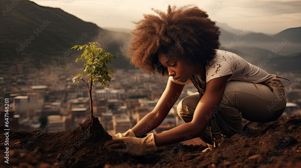 Black woman planting a tree with a village with no vegetation in the ...