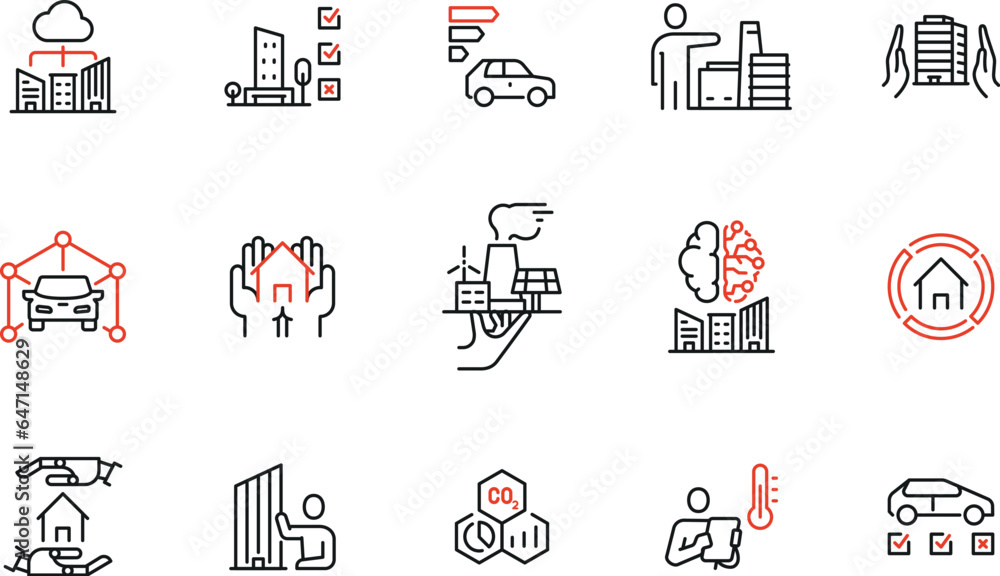 Vector set of linear icons related to building technology, smart houses ...