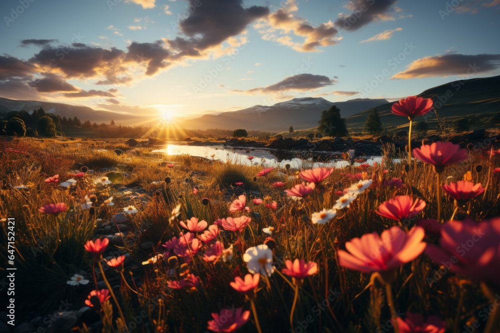 Vast open field with wildflowers glowing in the last light of the ...