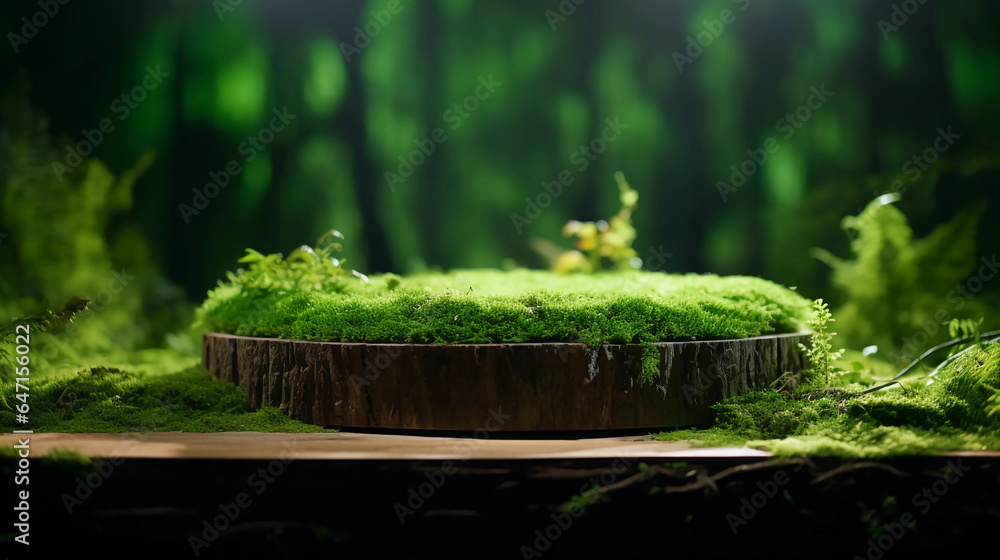 Wooden podium tabletop blurs the green backdrop, Green moss thrives on ...