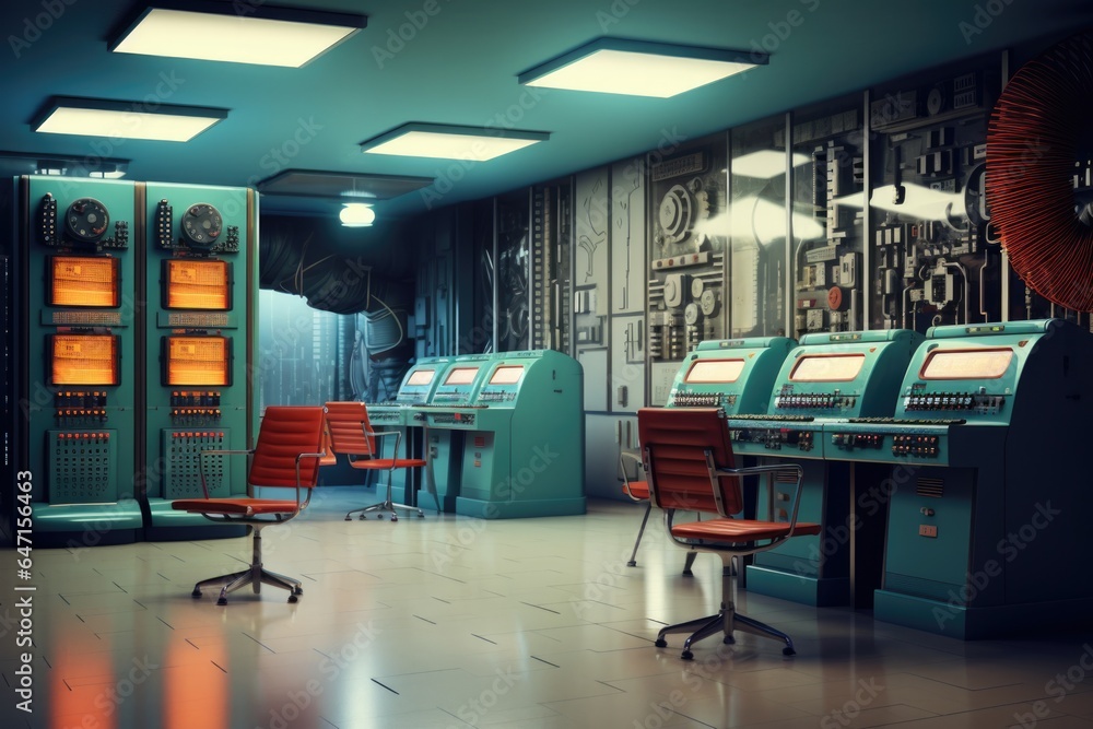 Vintage Computer Room With Mainframe Machines And Punch Card Readers ...