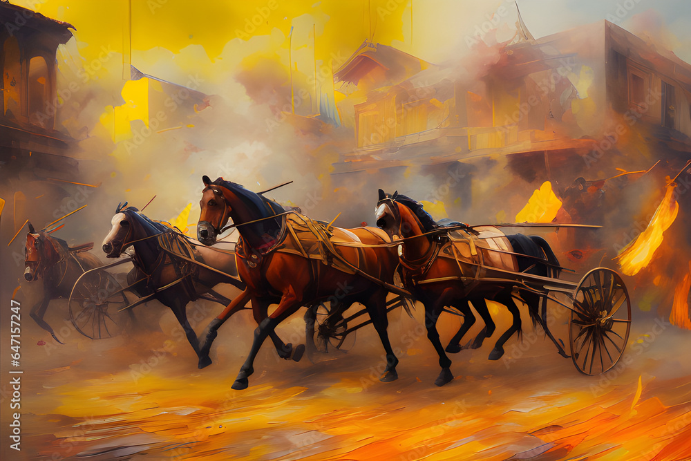 Oil painting horse and chariot battle scene from the Roman period. oil ...