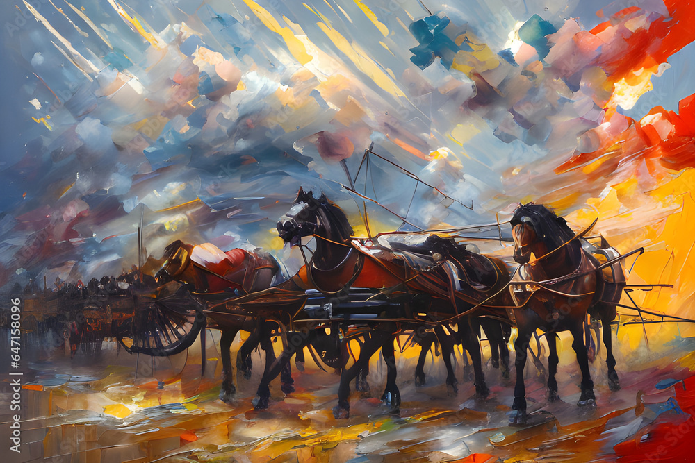 Oil painting horse and chariot battle scene from the Roman period. oil ...