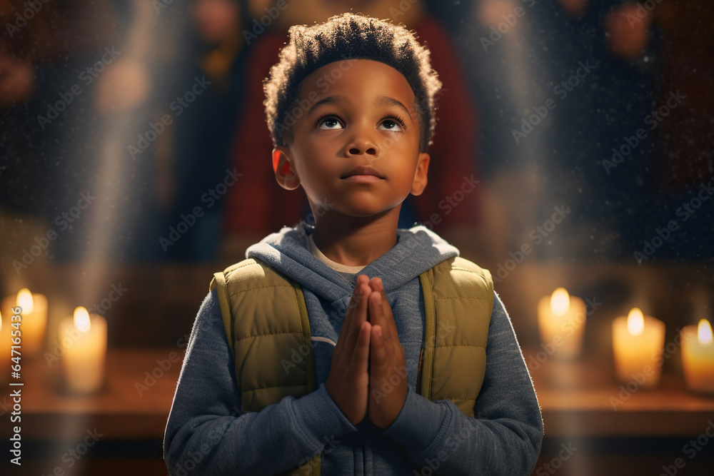 Cute small African American boy praying in the church and Jesus giving ...