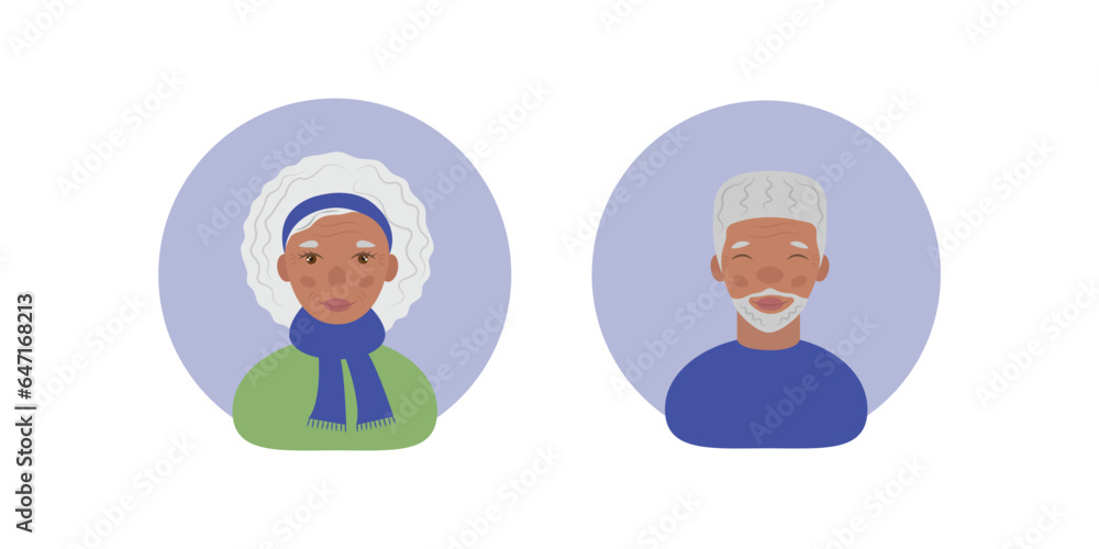 Grandma and grandpa. Avatar of dark-skinned grandparents. Elderly ...