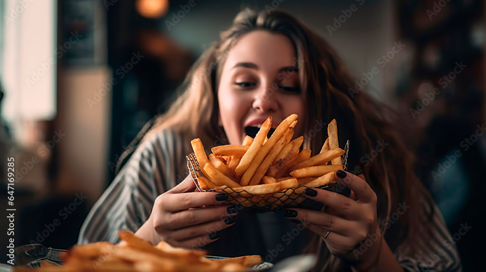 Happy satisfied overweight young woman with plate of French fries ...