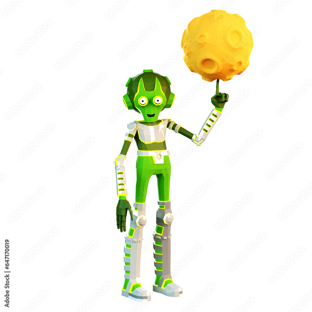 3D Alien spinning the moon on their finger. Low-poly cartoon style ...