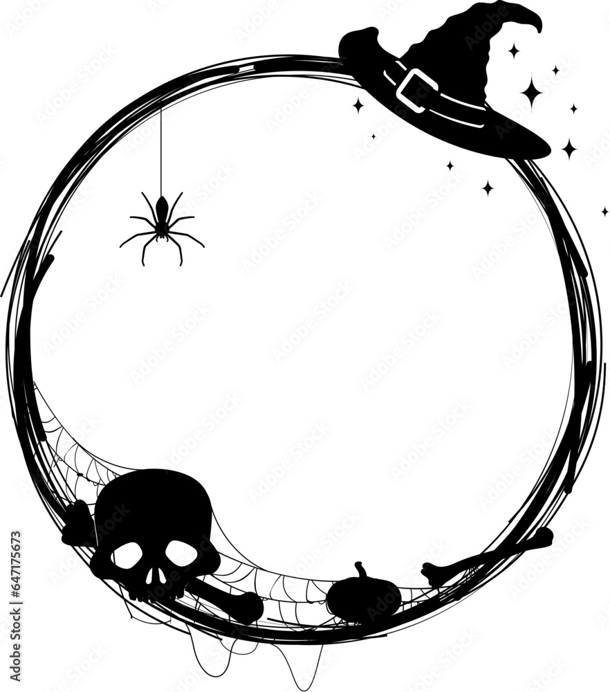Halloween holiday black frame, skull and witch hat in spiderweb, vector ...