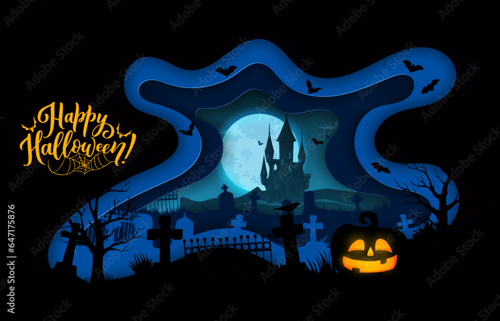 Halloween paper cut banner with dark castle and cemetery silhouette ...
