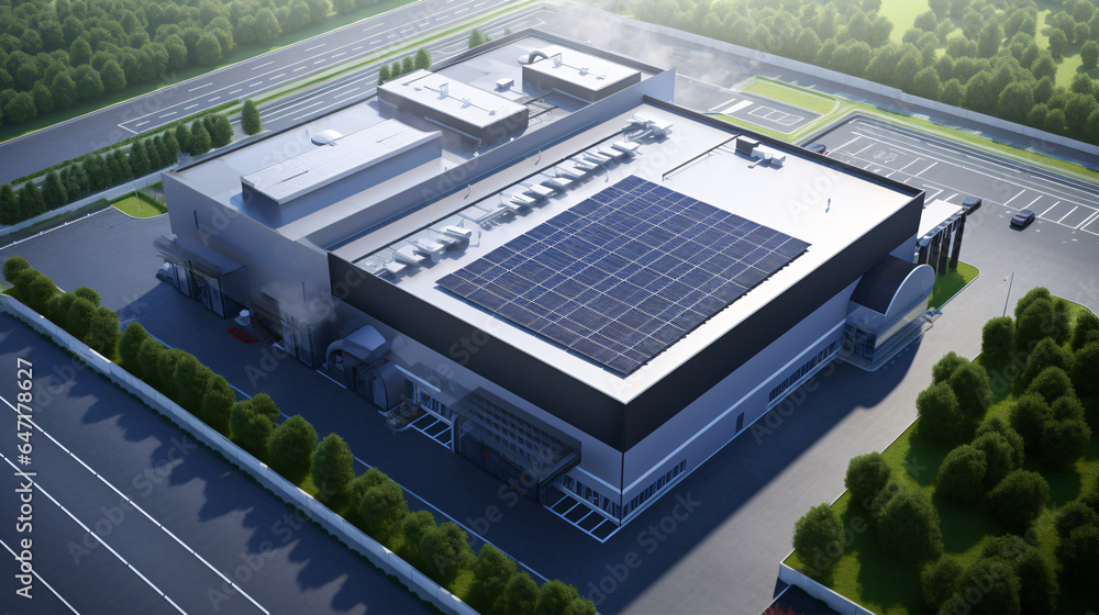 Bird's-Eye View of a State-of-the-Art Factory Featuring Solar Panels on ...