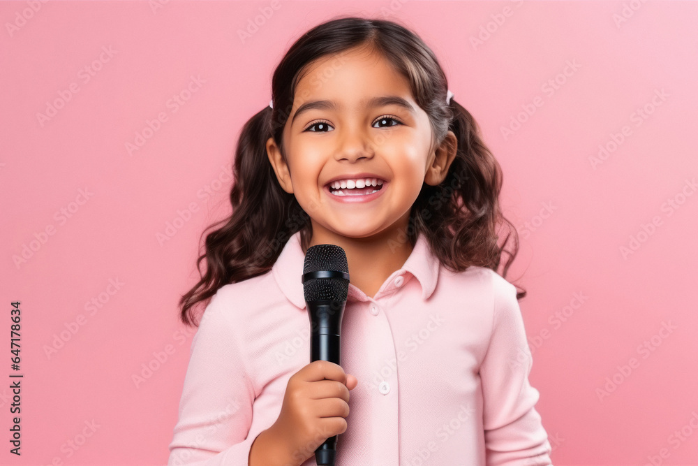 Cute indian little girl child holding mic in hand Stock Photo | Adobe Stock