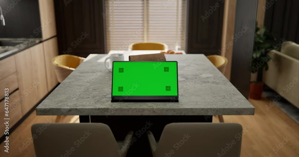 Tablet place on kitchen table, Green screen touchscreen, Close up ...