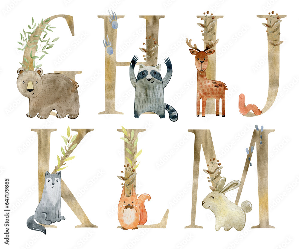 Watercolor woodland animals letters for invitation card, nursery poster ...