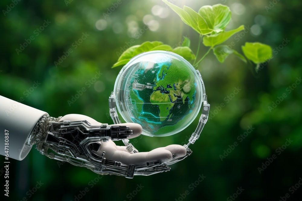 Sustainable development goal (SDGs) concept. Robot hand holding small ...