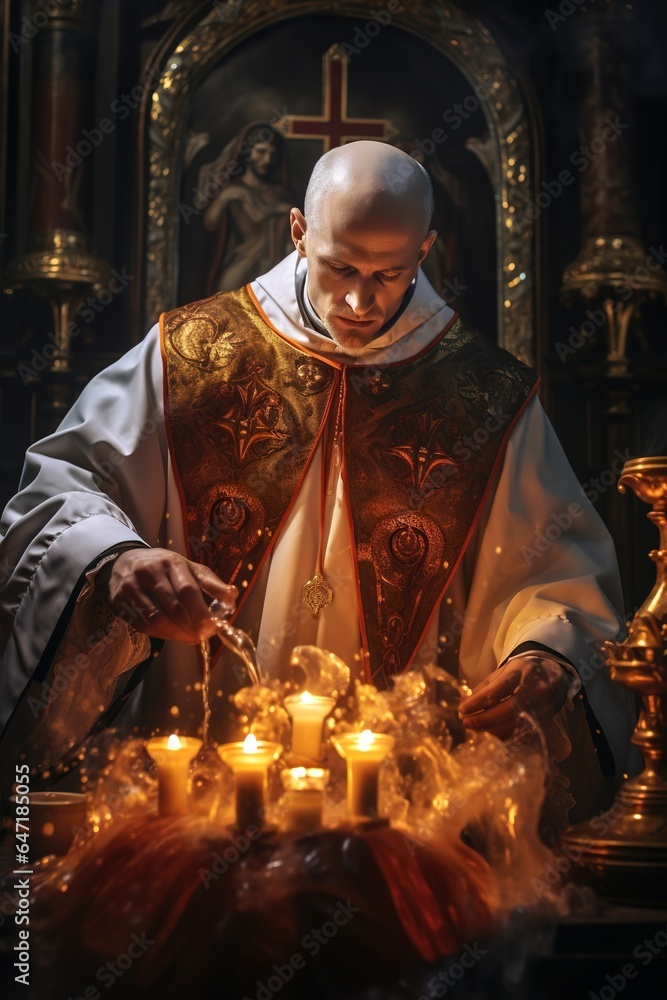 A priest in liturgical vestments, pouring sacred oil on the altar ...