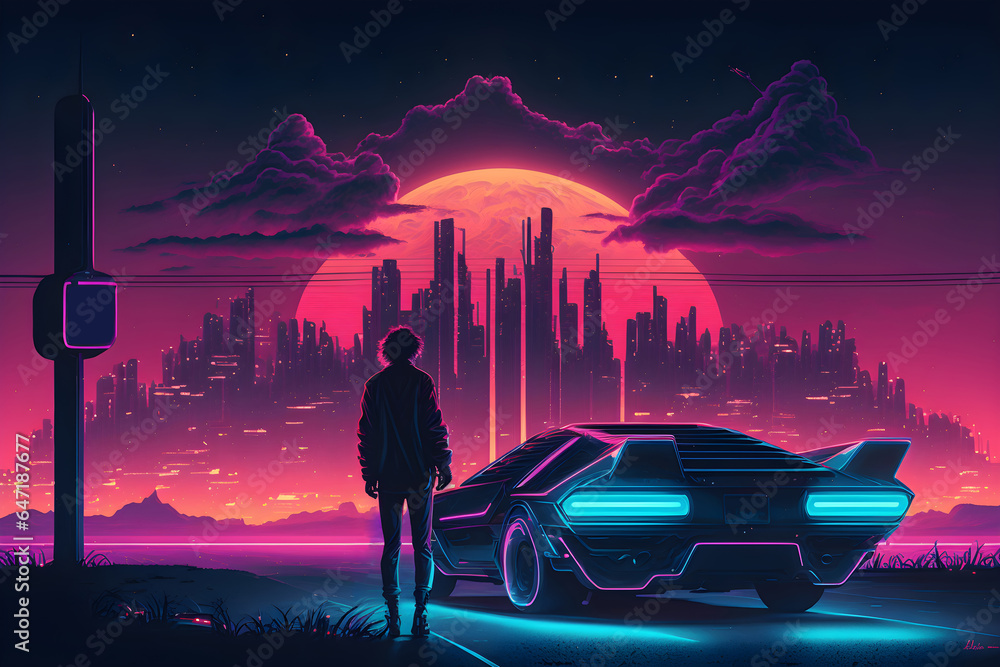 The futuristic retro landscape of the 80s. Illustration of the moon and ...