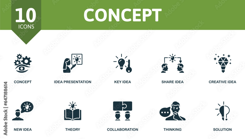 Concept set. Creative icons: concept, idea presentation, key idea ...