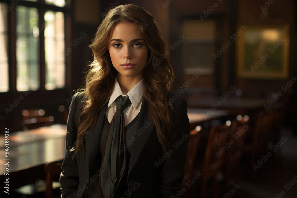 Beautiful stylish young woman student wearing university aesthetics ...